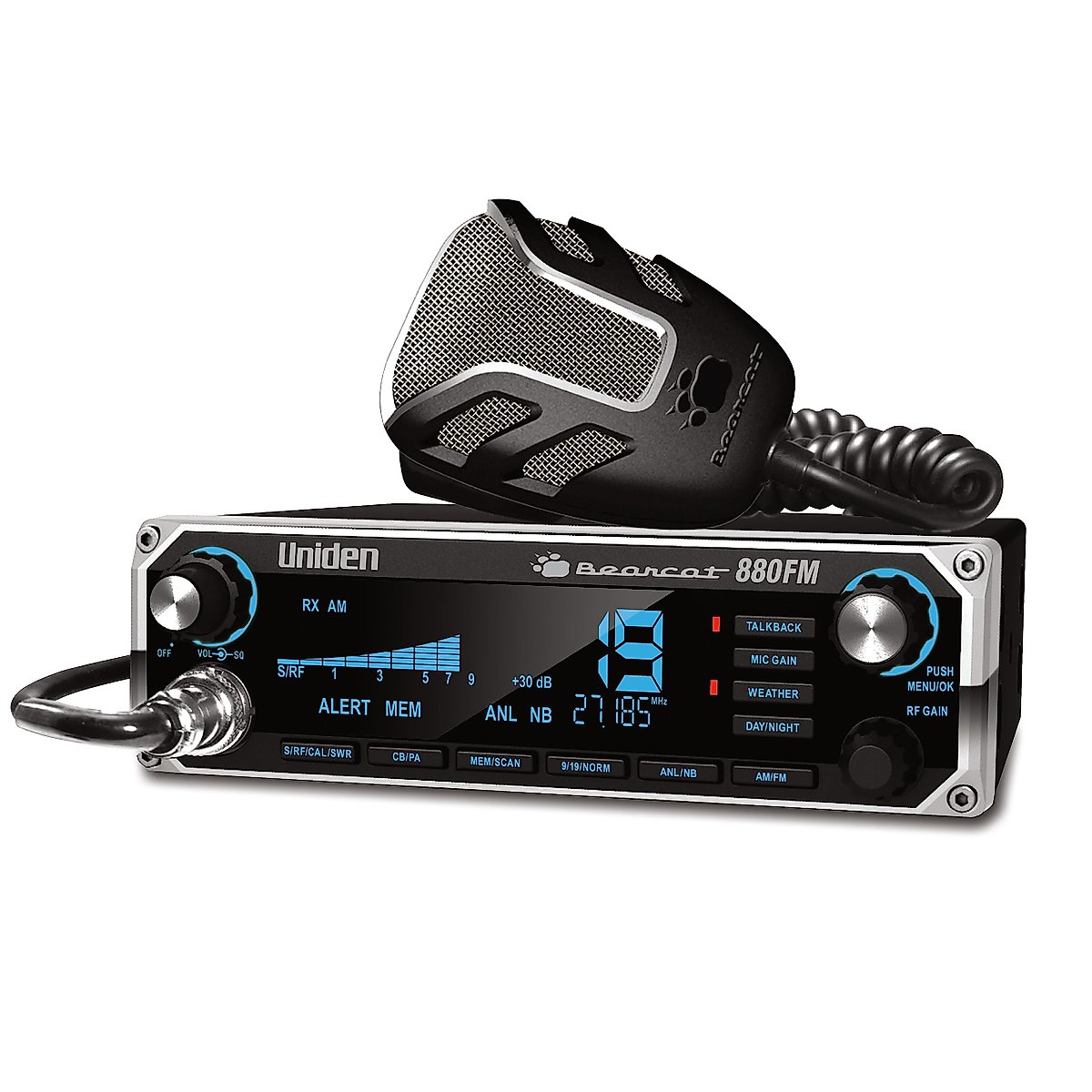 Uniden Bearcat 880FM CB Radio, 40 Channels with Dual-Mode AM/FM, Large Easy-to-Read Backlit 7-Color LCD Display, Backlit Knobs/Buttons, NOAA Weather Alert, PA/CB Switch, and Wireless Mic Compatible
