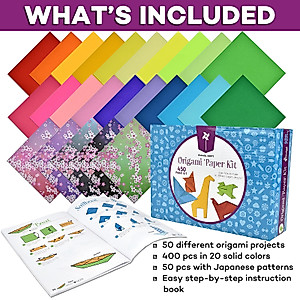 Origami Paper Kit - 50 Projects, 450 Sheets of Colored and Patterned Paper - Hours of Creative Fun for Kids and Adults
