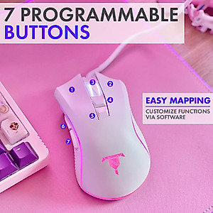 Tilted Nation White Gaming Mouse Wired, LED RGB Mouse for PC Gamers w/Lightweight Paracord Cable USB, 7 Programmable Buttons, Ergonomic Side Grips, 10K DPI, Mechanical Switches - White Mouse