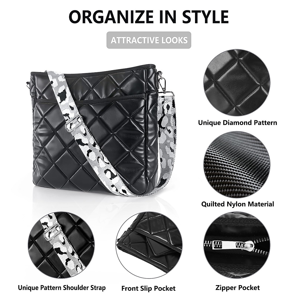 Quilted Crossbody Bags for Women, Unique Pattern Strap, Large Puffer Bag