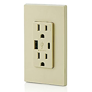 Leviton T5633-I 15-Amp Type A & Type-C USB Charger/Tamper Resistant Outlet, Not for Laptops, Ivory