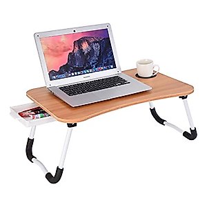 Foldable Bed Table Laptop Desk, 23.6" Portable Lap Desk Bed Tray with Storage Drawer, Standing Work Table for Bed Sofa Couch Study Reading Writing and Drawing, Multiple Colors (Brown)