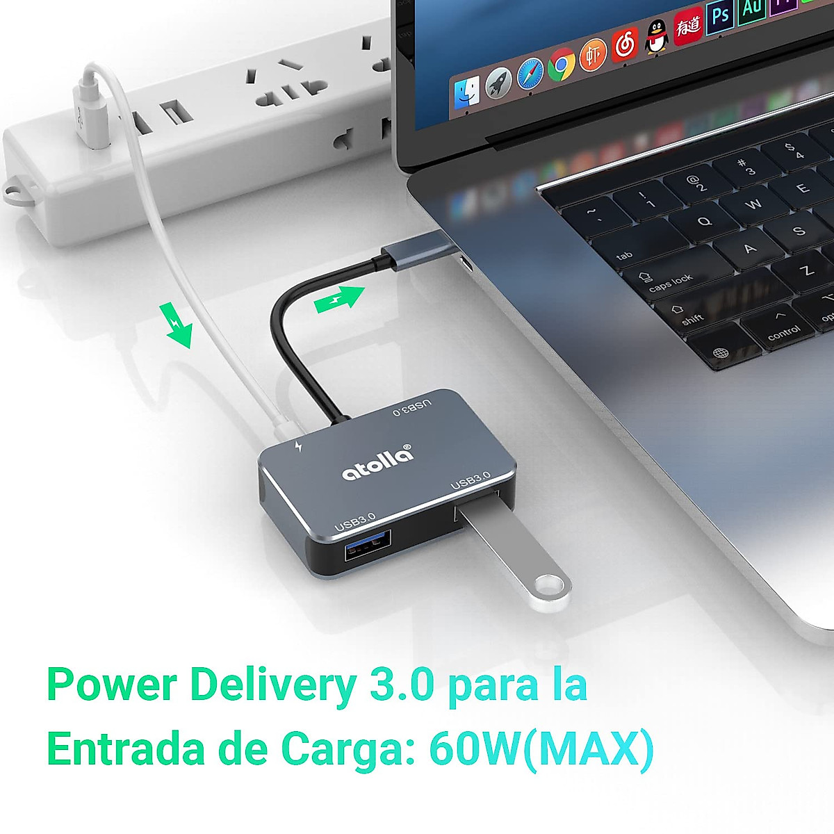 atolla USB C Hub – Aluminum 4-in-1 USB C Adapter with 3 USB 3.0 Ports & 60W Power Delivery Port for MacBook Pro/Air, iPad Pro, Chromebook, Dell and More