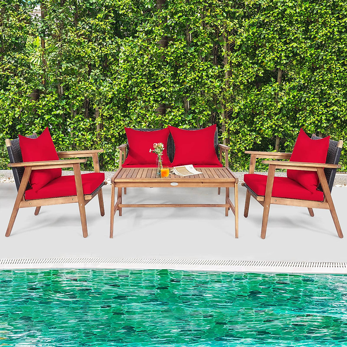 Tangkula 8-Piece Patio Furniture Set, Outdoor Acacia Wood Conversation Set with Cushions and Coffee Table, Outdoor PE Wicker Sectional Sofa Set for Garden, Poolside and Backyard (2, Red)