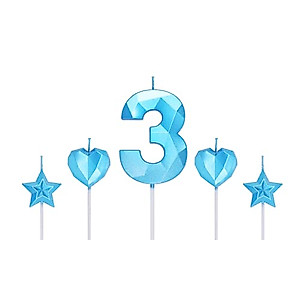 Blue Number 3 Candles and Star Heart Candles 2.76 inch Number Candles for Birthday Cakes 3D Diamond Shaped for Cake Decorations(Blue Candle 3)