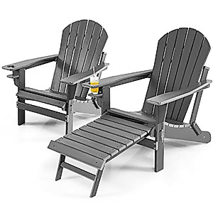 Giantex Folding Adirondack Chair, HDPE Patio Chairs Fire Pit Lounge Chair W/Retractable Ottoman & Cup Holder, Weatherproof Outdoor Adirondack Chairs for Porch, Garden, Backyard (2, Gray)