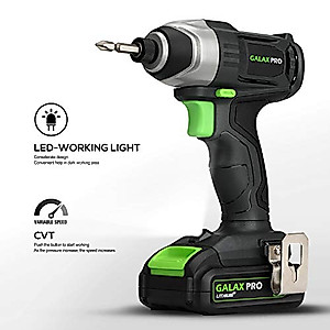 GALAX PRO Impact Driver 20 V Lithium Ion 1/4" Hex Cordless Driver with LED Work Light, 6 Pieces Screwdriver Bits, Variable Speed (0-2800 RPM)- 1.3 Ah Battery and Charger Included