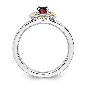 Solid 925 Sterling Silver and 14k Yellow Gold Stackable 925 Sterling Silver Garnet January Red Gemstone Ring Eternity Band Size 7
