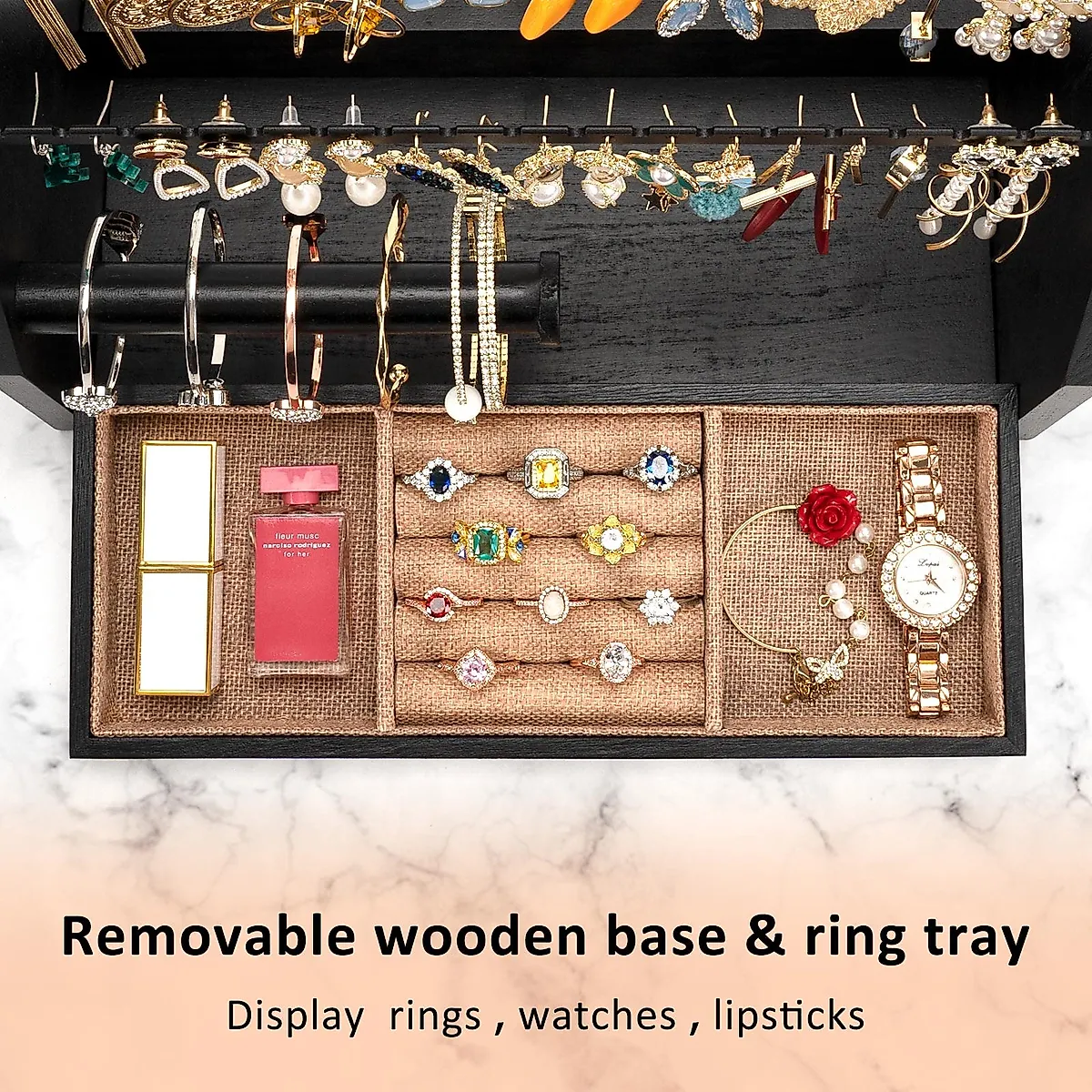 DGWJSU Earring Organizer, 5 Layer Earring Holder Organizer with Necklace Holder, Rustic Wood Jewelry Organizer Stand Display for Stud Earring Bracelet Necklace Ring, Watches