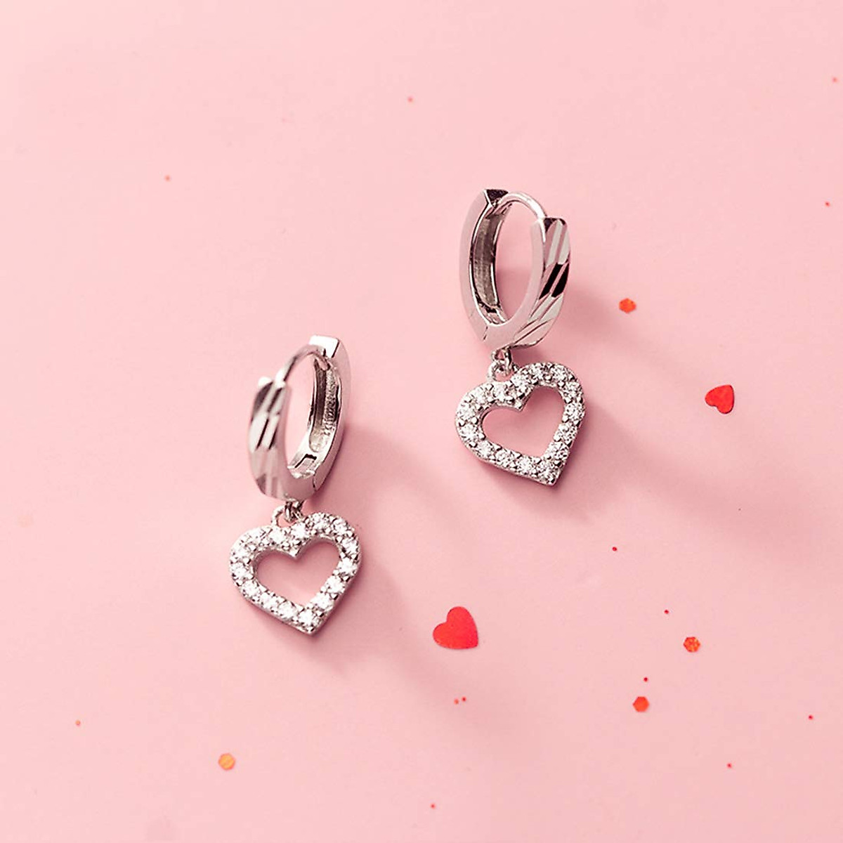 SLUYNZ 925 Sterling Silver Delicate CZ Heart Hoop Earrings for Women Sweet Love Heart Drop Earrings (A-Silver)