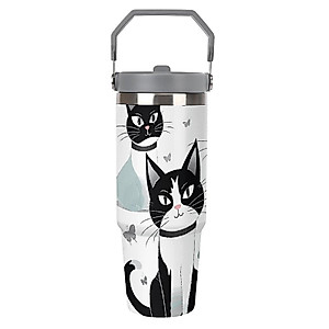 30oz Stainless Steel Insulated Tumbler with Flip Lid & Straw, Leakproof Travel Mug for Car, Black And White Cats Double Wall Vacuum Thermal Coffee Cup with Handle, Spill-Proof Design for Hot/Cold Drin