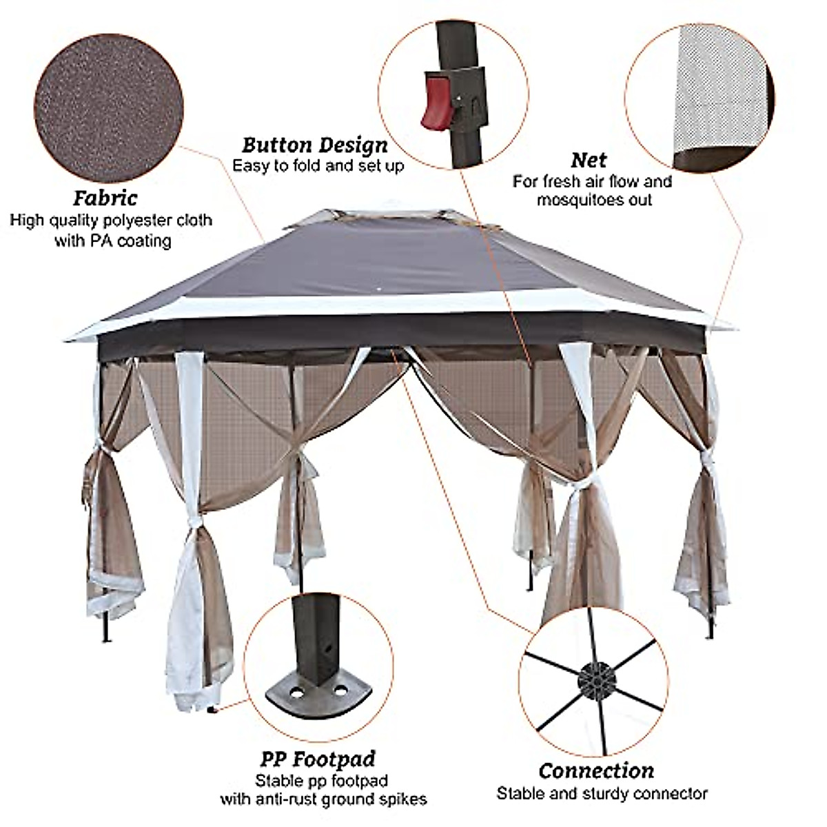 LONABR 12’ X 12’ Pop Up Gazebo with Mosquito Netting Hexagonal Outdoor Canopy for Patio,Garden,Backyard Tent Canopy with Strong Iron Frame Storage Bag