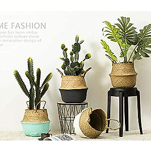 Seagrass Plant Basket with Handles Natural Woven Storage Baskets (Black 9 inch D x 11 inch H)