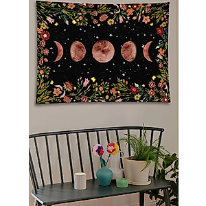Rexful Moonlit Garden Tapestry, Moon Phase Surrounded by Plants and Flowers Black Wall Hanging Blanket 44×60 inch