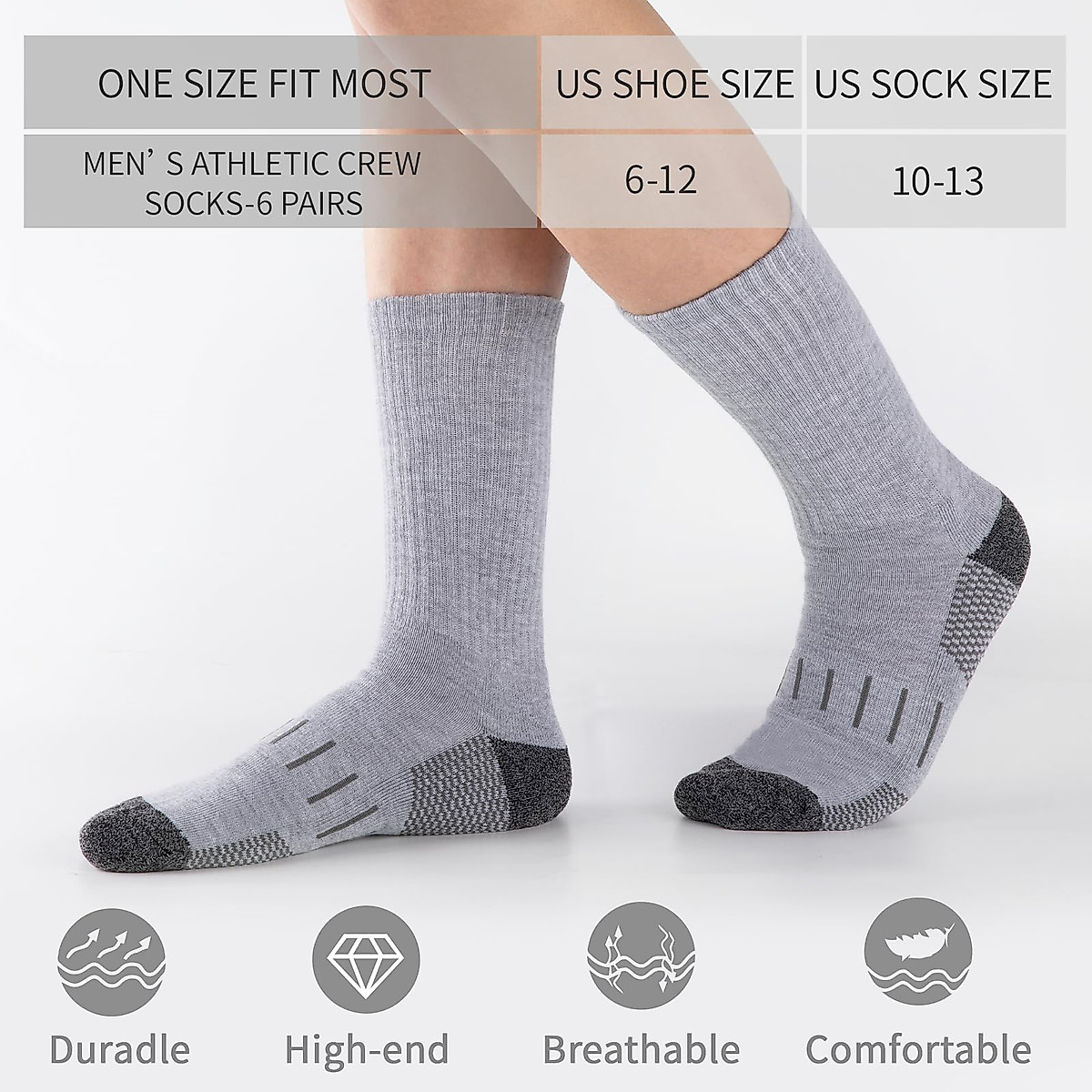 Heatuff Men’s Crew Athletic Socks Cushioned Moisture Wicking Work Boot Socks for All Seasons (6 Pairs)