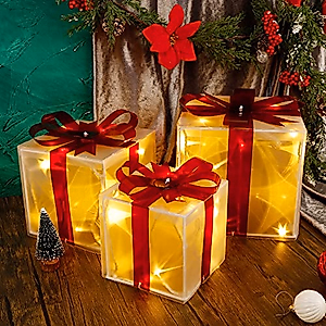 Twinkle Star Set of 3 Christmas Lighted Gift Boxes, Xmas Tree Skirt Ornament, Light Up Indoor Outdoor Pathway Present Box Holiday Party Yard Decorations