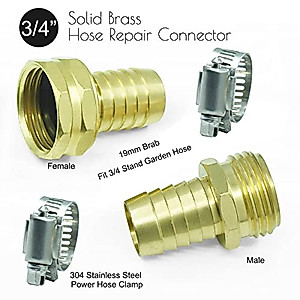 PLG Solid Brass 3/4 Inch Garden Hose Repair Kit Male and Female Hose End Repair Water Hose Fittings Connector with Stainless Steel Clamp