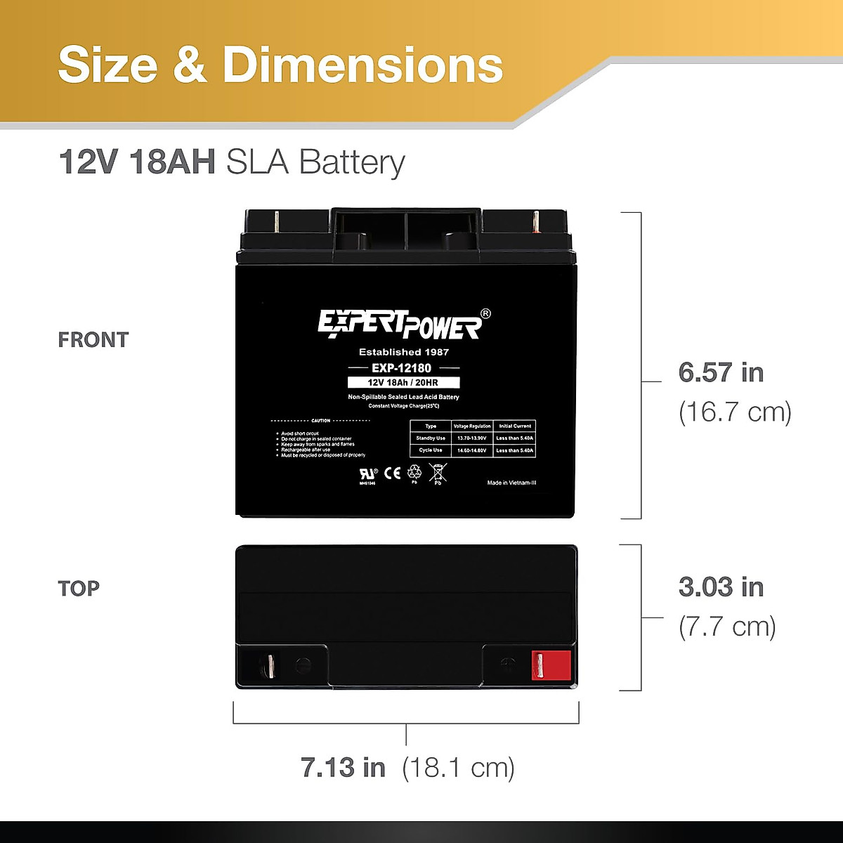 ExpertPower 12 Volt 18 Ah Rechargeable Battery With Nuts & Bolts Included || EXP12180