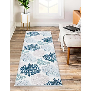 Coastal Runner Rug Beach Hallway Rugs Non-Slip Nautical Coral Machine Washable Rugs Modern Floor Carpet for Kitchen Bathroom Laundry Bedroom Living Room, 2x6