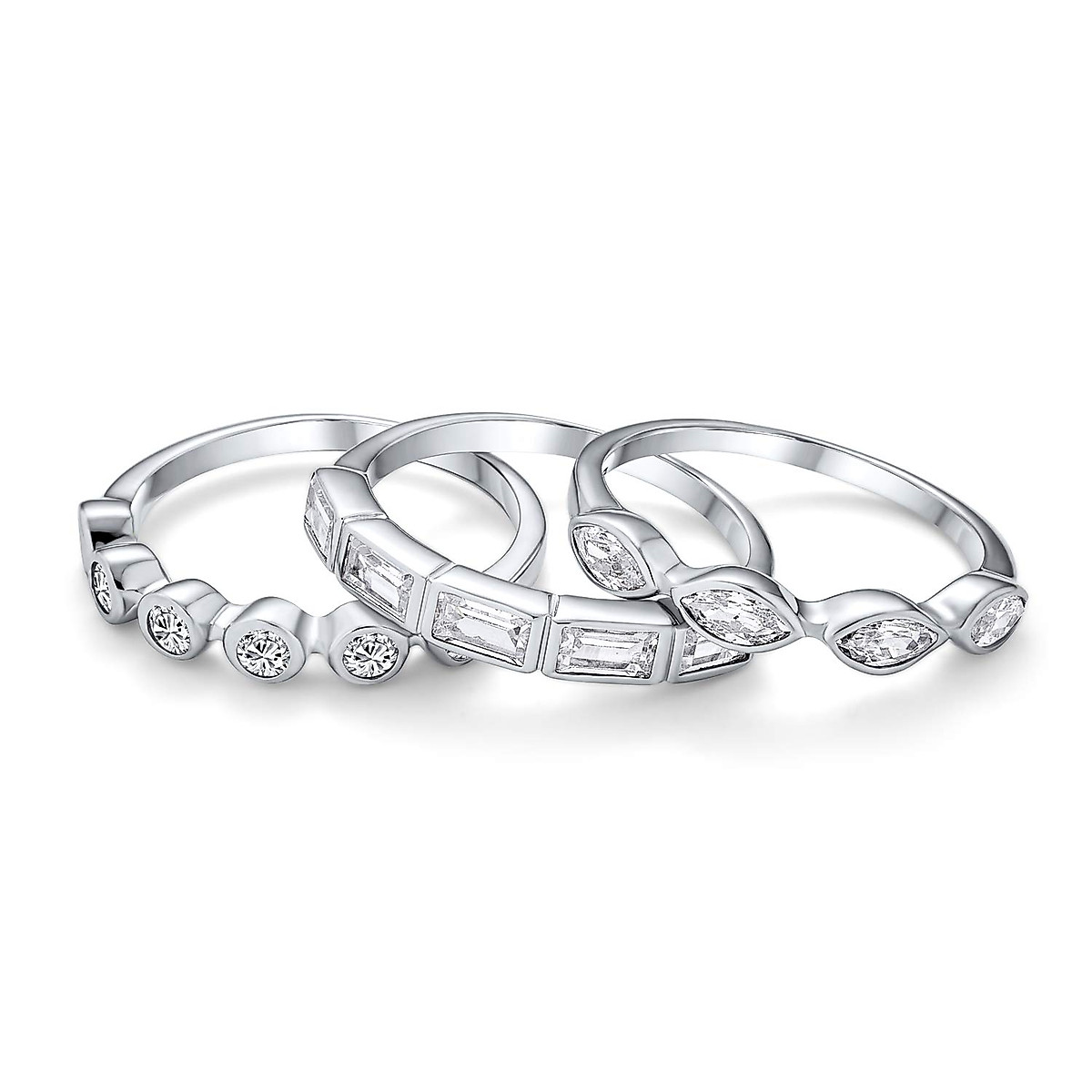 3 Set Geometric Cubic Zirconia Baguette Marquise Round CZ Stackable Wedding Band Ring Set For Women .925 Sterling Silver