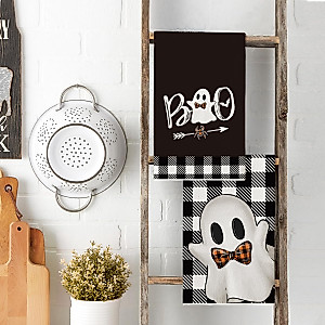 Artoid Mode Black Buffalo Plaid Ghost Boo Halloween Kitchen Towels Dish Towels, 18x26 Inch Seasonal Decoration Hand Towels Set of 2