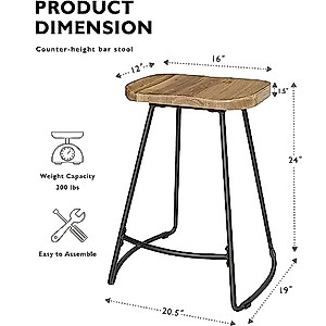 JUBILOOM 24 Inch Bar Stools, Counter Height Bar Stools with Metal Leg, Kitchen Stools with Wood Saddle, Industrial Backless Bar Stools for Kitchen Island, Natural Solid Elm Wood Black Metal, 624PNR1