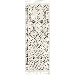 Hauteloom Berber Shag - Godalming Farmhouse Living Room Bedroom Area Rug with Tassel - Fluffy Plush High Pile Carpet - Soft Shaggy Rug, Moroccan Trellis - White, Beige, Cream, Black - 5'3" x 7'3"