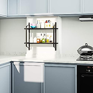 Love-KANKEI Floating Shelves Wall Mounted Industrial Wood Wall Shelves for Pantry Living Room Bedroom Kitchen Entryway, 2 Tier Heavy Duty Book Shelf Black