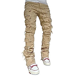 DSORVICD Mens Stacked Jeans Slim Fit Ripped Distressed Jeans Destroyed Straight Denim Pants Y2k Jeans Streetwear (Khaki, L)