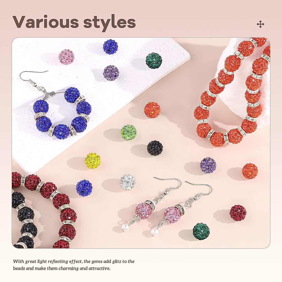 100 pcs 10mm Rhinestone Beads for Jewelry Making, 10 Mixed Colors Shiny Round Disco Ball Beads Bulk, Sparkle Crystal Clay Christmas for Bracelet Baseball Necklace Earring Crafting and DIY