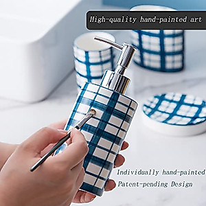 Ceramic Bathroom Accessories Set, Bath Vanity Countertop Blue Plaid Accessory Sets Complete, with Soap/Lotion Dispenser, Toothbrush Holder, Tumbler, Soap Holder