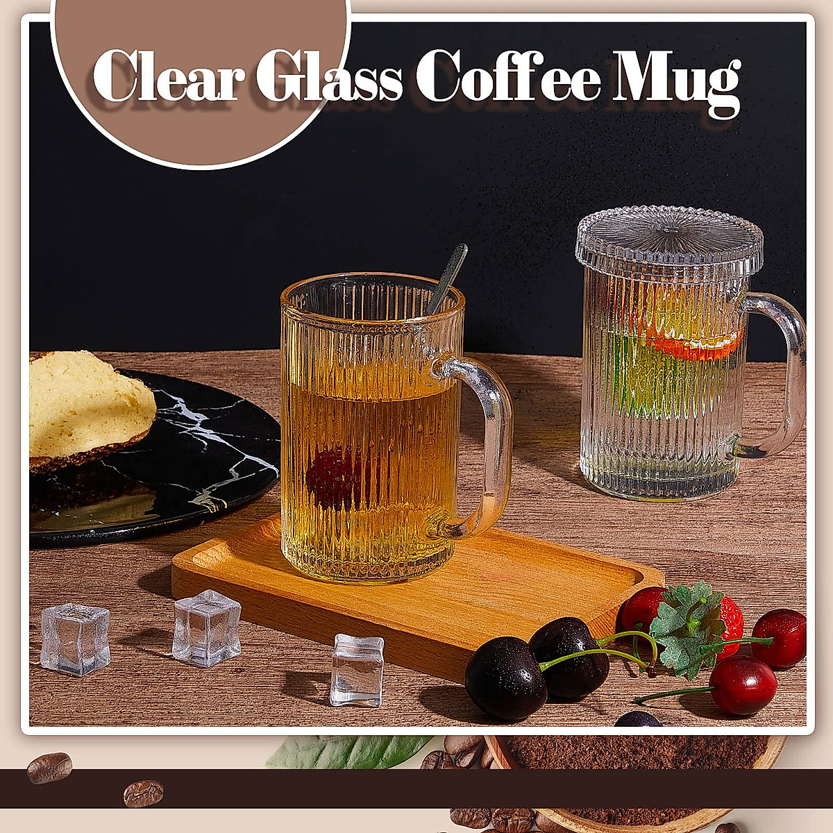 Suclain 4 Pieces Glass Coffee Mugs Clear Vertical Stripes Tea Mug with Lid and Spoon Ribbed Glasses for Espresso Milk Chocolate Latte Juice Anniversary and Birthday, 11.8 oz