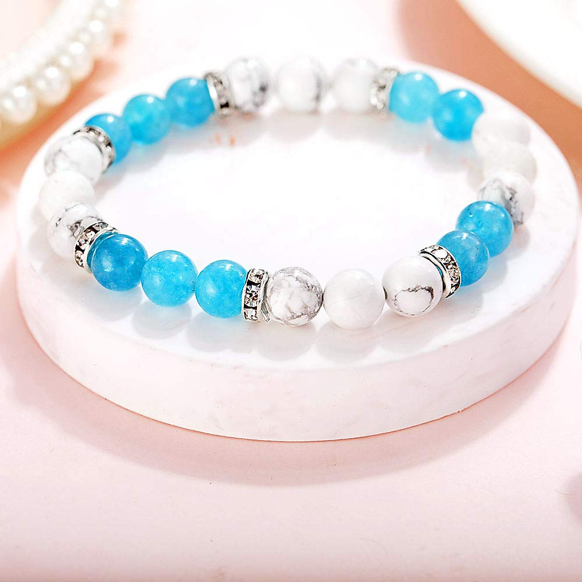 SUMMER LOVE Aquamarine Gemstones Healing Crystal Stretch Bracelet for Anxiety Stress Relief Natural Lava Stones Oil Diffuser Yoga Meditation Beads Bracelets for Women