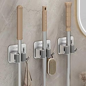 3-pack punch-free stainless steel broom and mop multifunctional rack hooks - self-adhesive and no drilling required - universal for kitchen, bathroom and garden (silver)