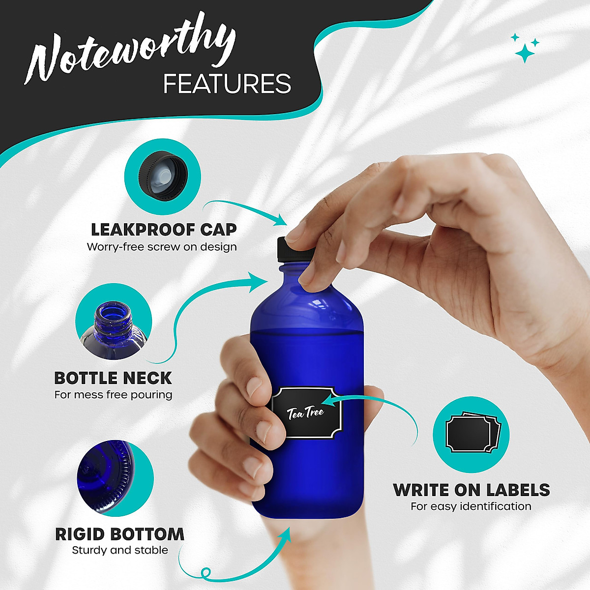 Nevlers 18 PK 8 oz Glass Bottles with Lids | Leakproof Cobalt Blue Glass Bottle | Small Glass Bottles for Vanilla Extract Homemade, Medicine Bottles, Extract Bottles, & Apothecary Bottles with Caps