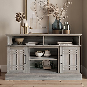 BELLEZE Modern 48" Farmhouse Wood TV Stand & Media Entertainment Center Console Table for TVs up to 50 Inch with Open Storage Shelves & Cabinets - Norrell (Gray Wash)