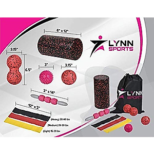 LYNN SPORTS High Density Exercise Foam Roller Set Kit | 8 in 1 + Tote Bag (EVA Muscle Roller ick, 3 Massage Balls & 3 Resiance Loop Bands) - Physical Therapy Injury Prevention Deep Tissue Massage,Pink