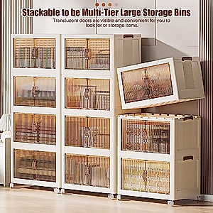 102 Qt Large Storage Bin with Lid 【Double-Opening Doors】Plastic Storage Organizer for Living Room Bedroom & Toy Room, Foldable Stackable Toy Storage Box, Containers for House Organizing, 2 Tier