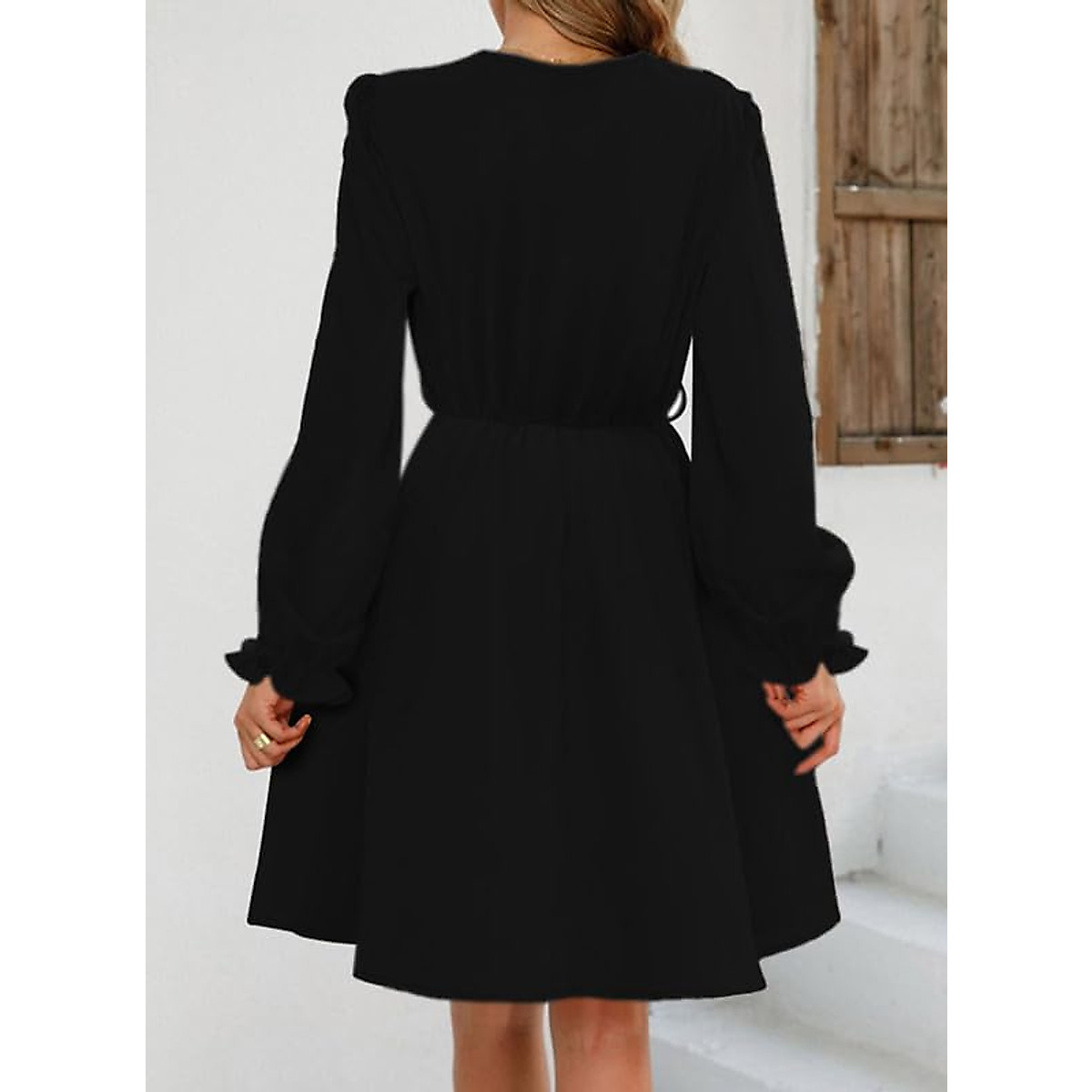 Dokotoo Spring Dresses for Womens 2023 V Neck Lace Trim Black Dresses for Women Puff Long Sleeve Hawaiian Dresses Tassel Belt Elegant Causal midi Dresses for Women Wedding Guest Medium