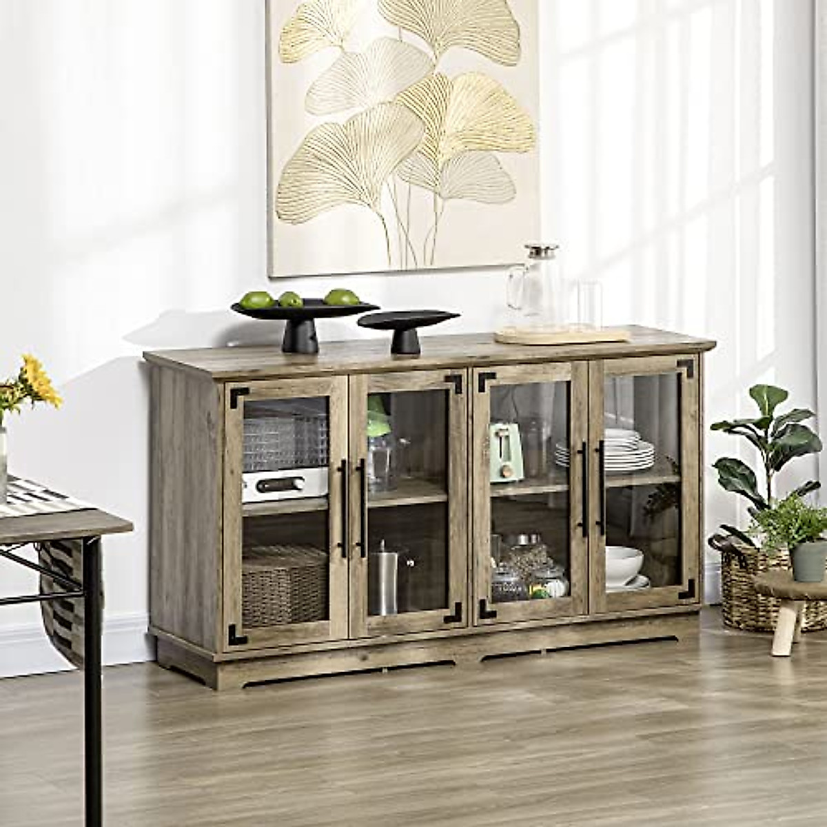 HOMCOM Farmhouse Sideboard, Buffet Cabinet, Coffee Bar Cabinet with 4 Glass Doors, Credenza, Distressed Grey