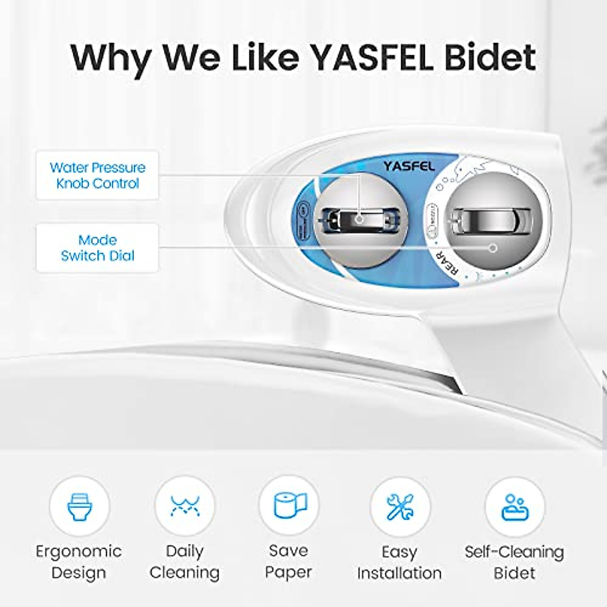 YASFEL Bidet Toilet Seat Attachment - Fresh Water Non-Electric Bidet Toilet Seat Attachment w/Self-cleaning Nozzle and Easy Water Pressure Adjustment, Bidet Toilet Seat Attachment (Blue White)