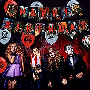 Horror Movie Have A Killer Party Decorations,Birthday Party Supplies For Thriller Killer Role Michael Myers Party Supplies Includes Banner - Cake Topper - 12 Cupcake Toppers - 18 Balloons -50 Horror Movie Stickers