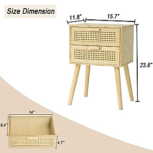 AWASEN Rattan NightStand Set 2, Nightstand Set of 2 with Drawers, Bedside Table with Storage and Solid Wood legs, Rattan Side Table End Table for Bedroom (Natural)