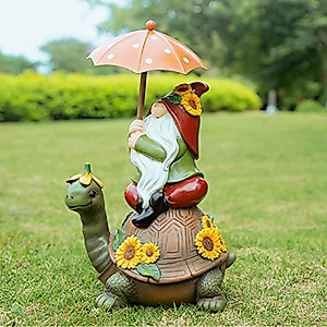 Seegarden Garden Statue Gnome Cute - Large Outdoor Gnome Statue Sculptures with Solar Lights, Resin Gnome Figurine Sitting on Turtle with Umbrella for Home Patio Yard Lawn Porch Decorations …