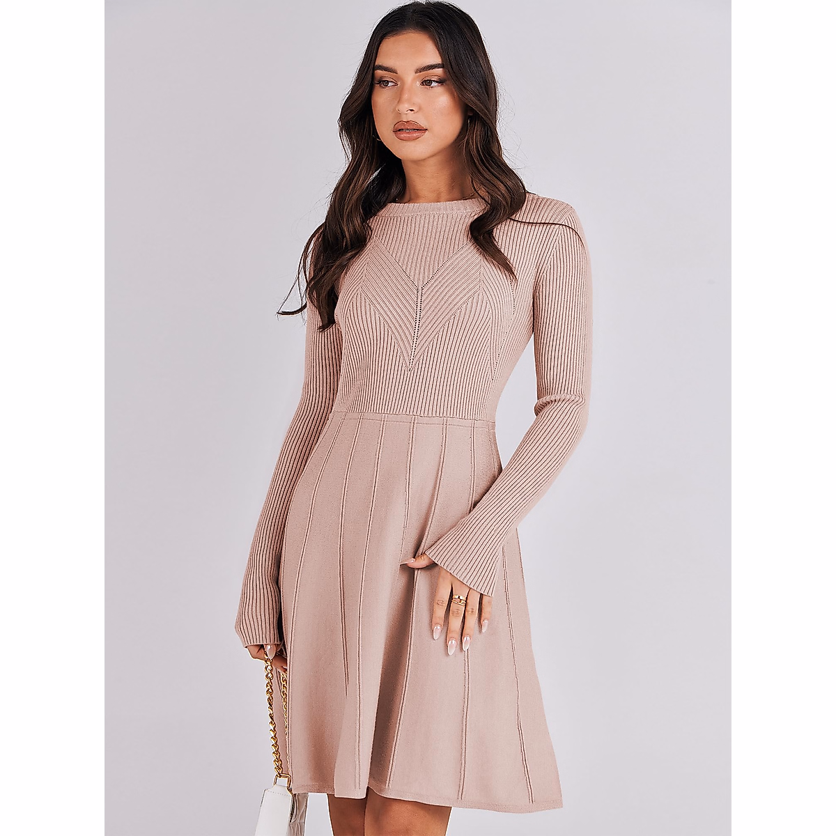 ANRABESS Women Midi Sweater Dress Long Sleeve Crewneck High Waist Casual A-Line Pleated Dresses Pink Small