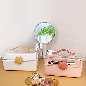 OSteed Craft Storage Organizer, Plastic Sewing Box Portable with Handle, Knob & Grid Tray for Art & Sewing Supply, Cosmetic and Medicine, Pink