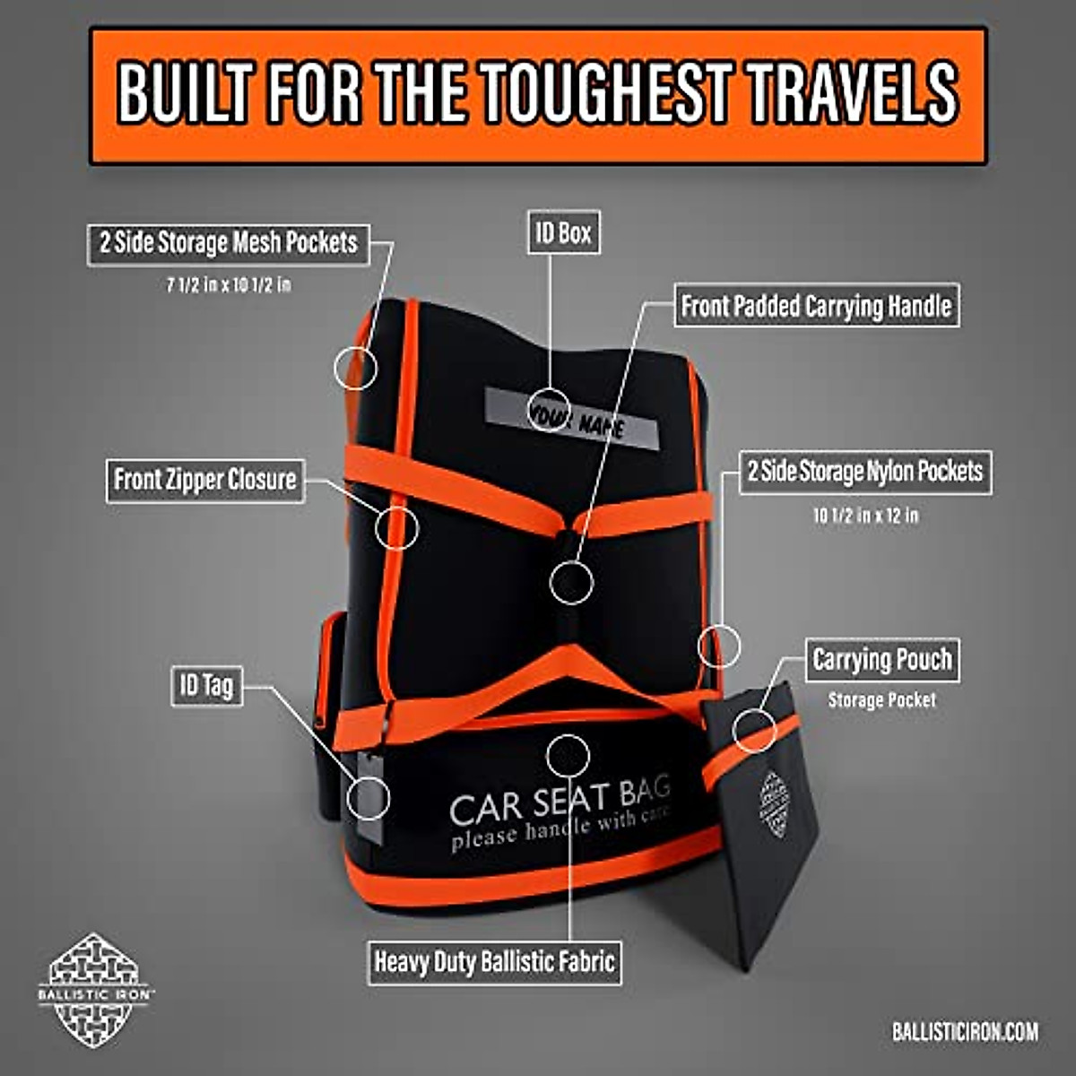 BALLISTIC IRON Heavy Duty Car Seat Travel Bag - Fits Convertible Car Seats, Infant Car Seats & Booster Seats - Carseat Cover For Airplane Travel - Carseat Travel Bag For Airplane - Car Seat Cover For Airplane Travel - Car Seat Bag - Car Seat Travel Bag Fo