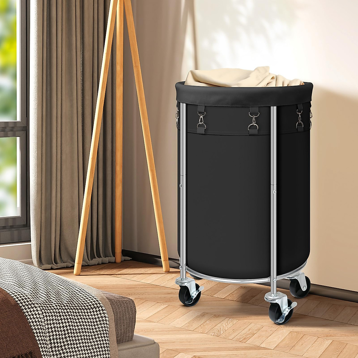 Laundry Hamper with Wheels, Rolling Laundry Basket, Round Laundry Sorter Cart with Steel Frame and Removable Bag, 4 Casters and 2 Brakes, Ideal for Bedroom, Bathroom, Laundry Room, Black
