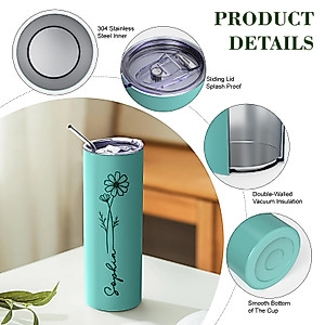 UNIGIFTIME Personalized Birth Flower Tumbler Cup with Name, Custom Skinny Tumbler with Lid and Straw 20oz Stainless Steel Coffee Tumbler Personalized Birthday Gifts and Mothers Day Gifts for Women