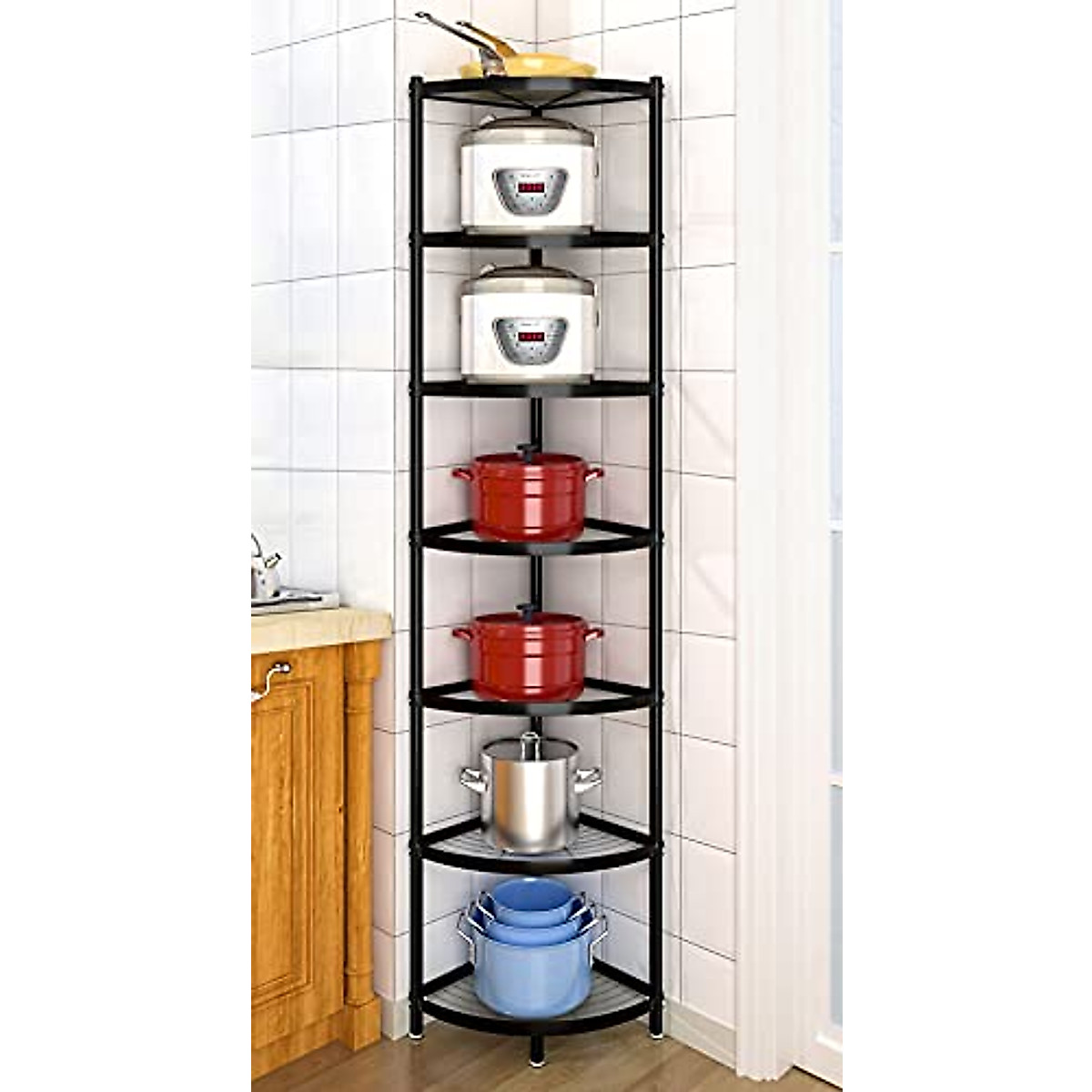 ZIGAMA 7-Tier Kitchen Corner Shelf Adjustable Pot Rack, Cookware Free Standing Storage Organizer ，Pot and Pans Tower Metal Shelves for Kitchen